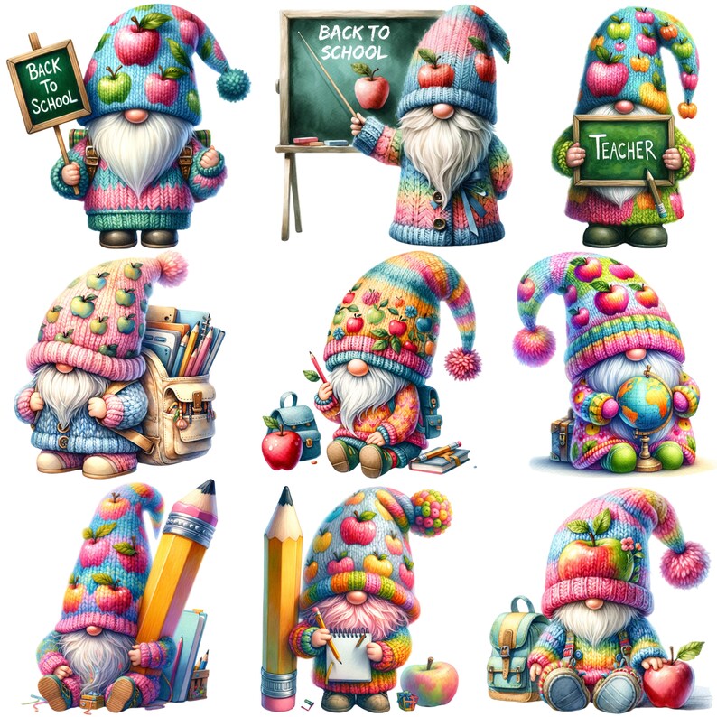 Back to School Gnome Clipart Bundle, Watercolor Gnomes PNG, Graduation ...