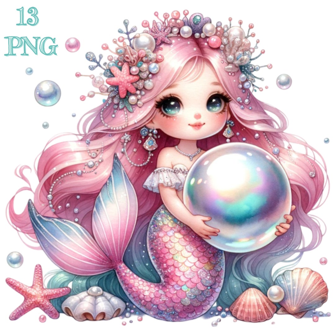 Pink Mermaid Clipart, Whimsical Little Mermaid Clipart, Gnomes Mermaid ...