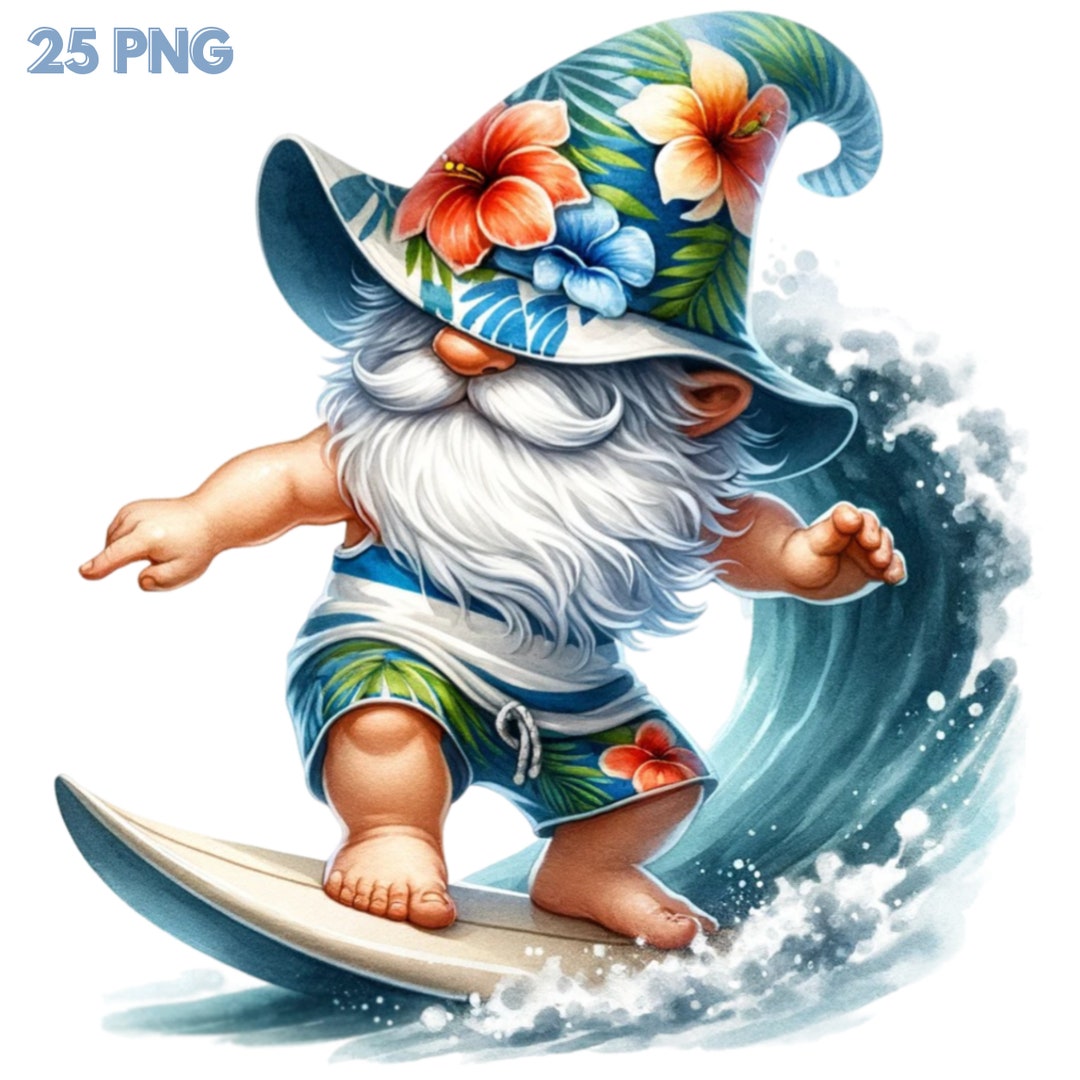 Surfboard Gnome Clipart Png, Surfboard Gnome Watercolor Clipart,sports ...