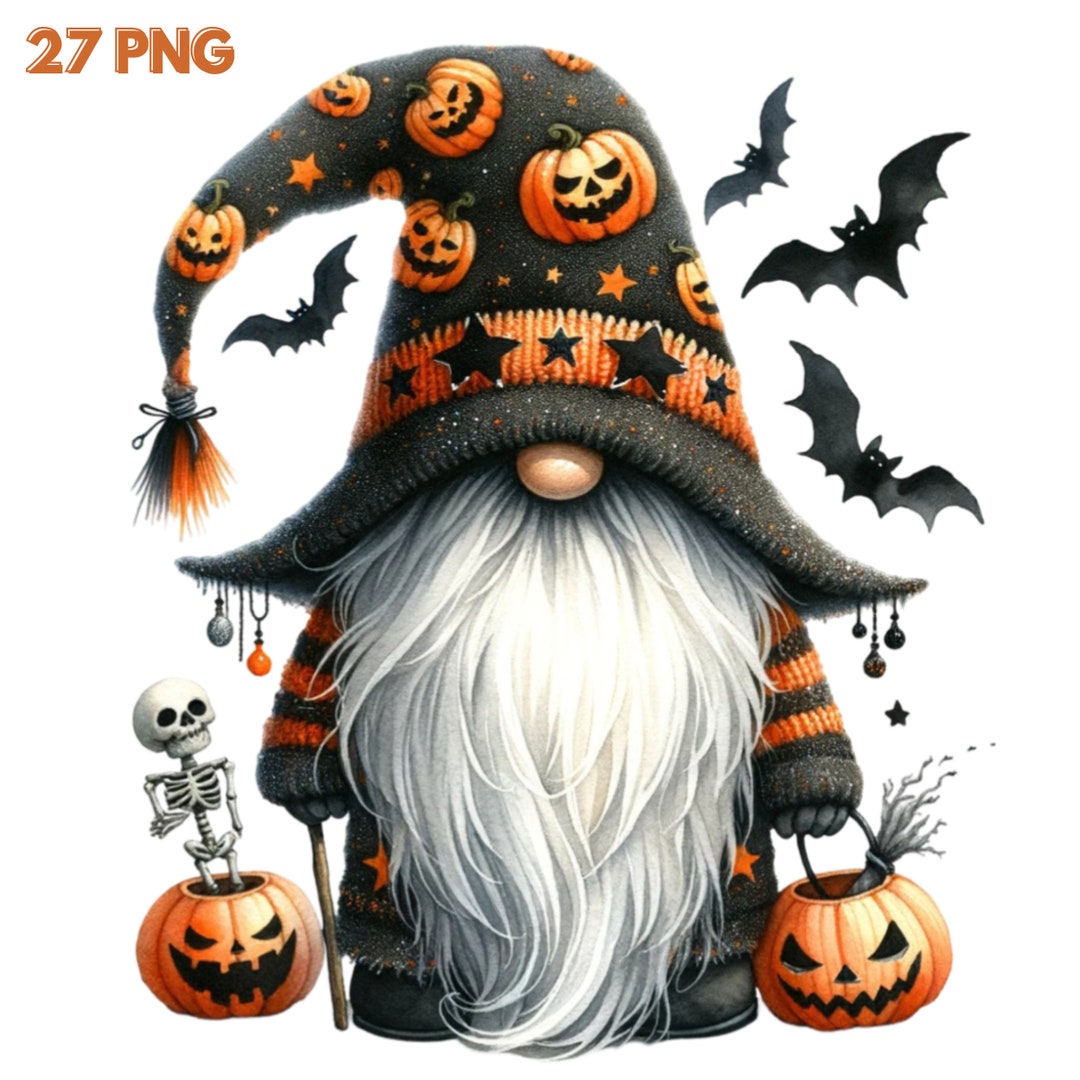 Halloween Gnome Png Clipart, Witch Hat, Pumpkins, Skulls, Magical ...