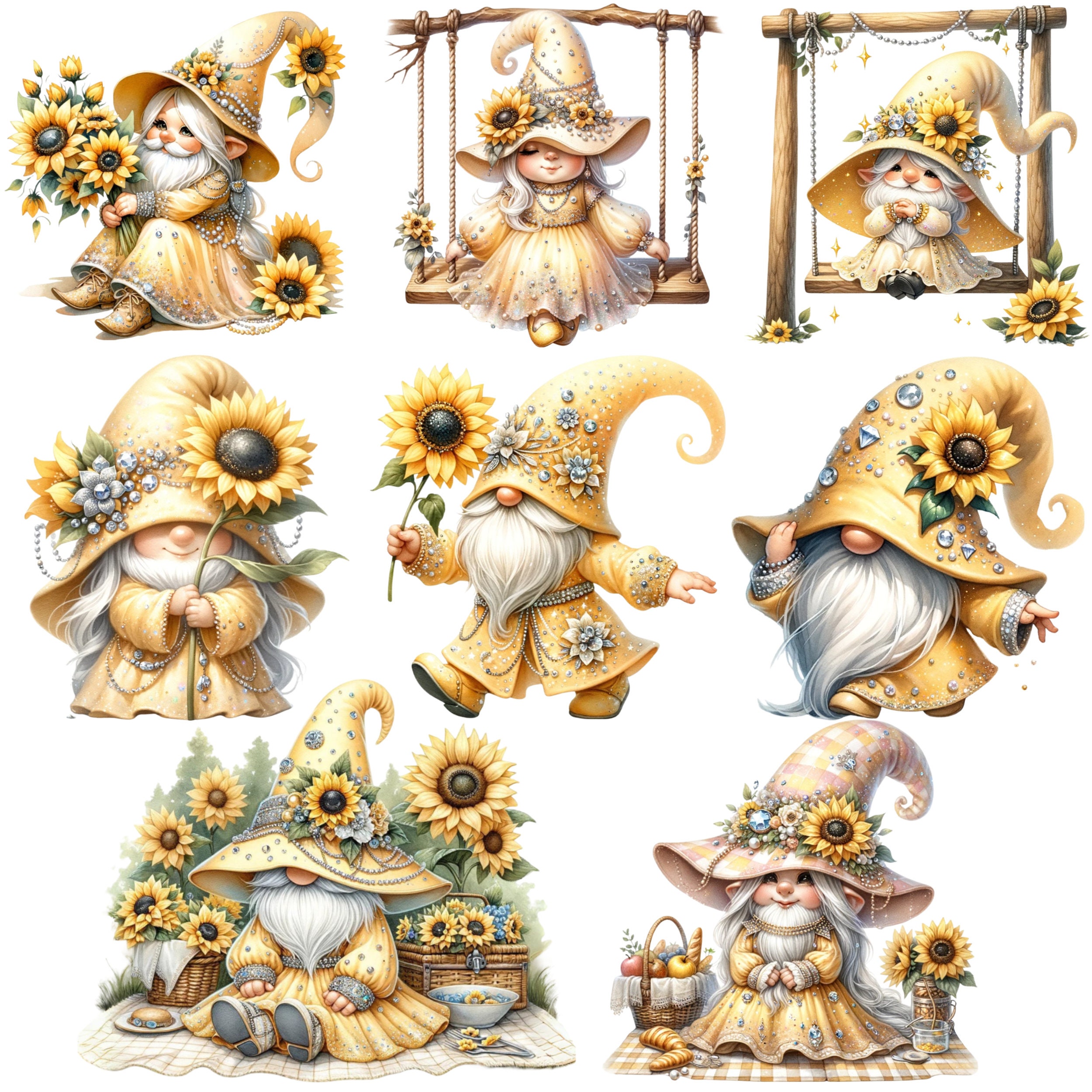 Sunflowers Gnome Clipart Bundle Png, Watercolor Summer Garden, Garden ...