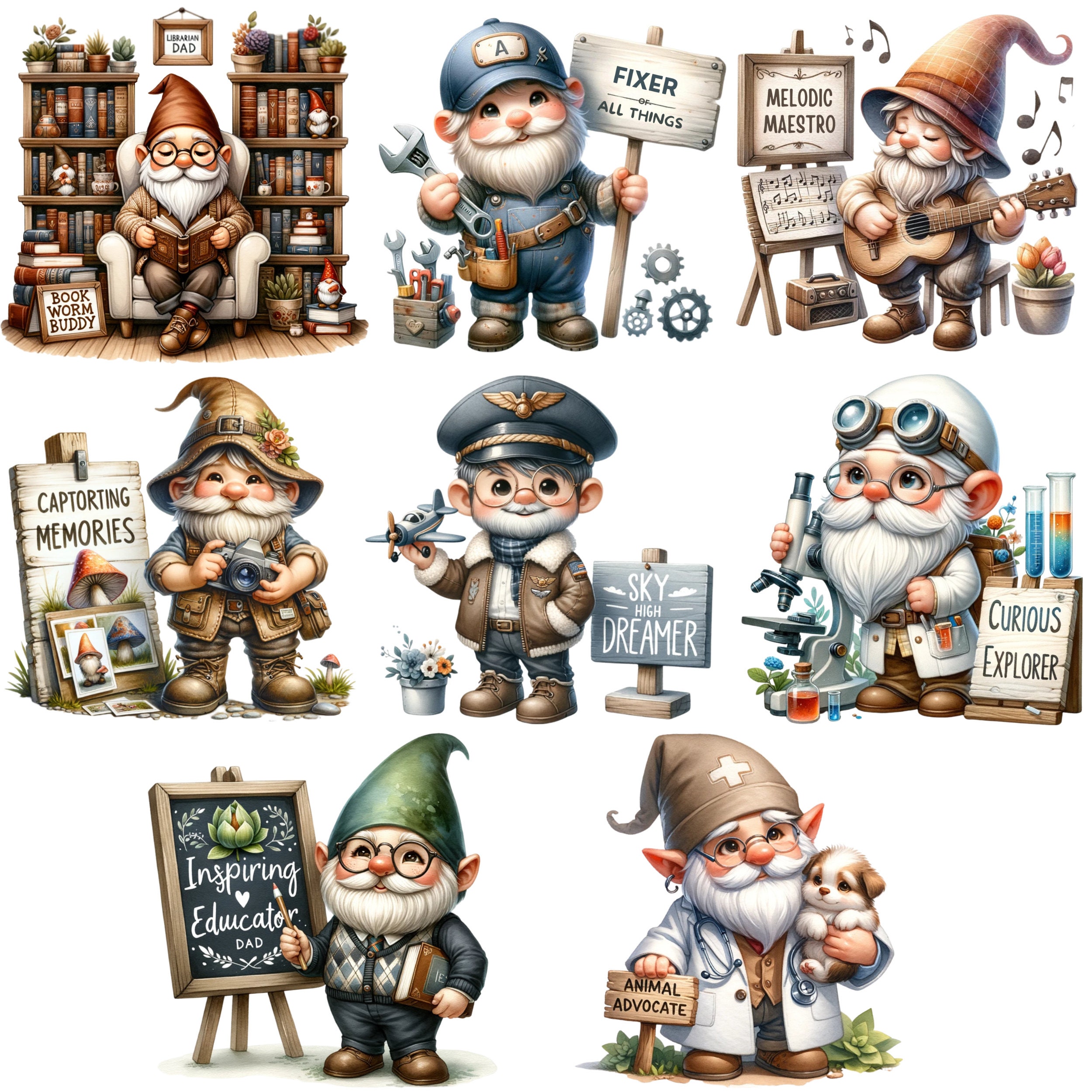Watercolor Father's Day Gnomes PNG Clipart Bundle, Gnome Dad Son PNG ...