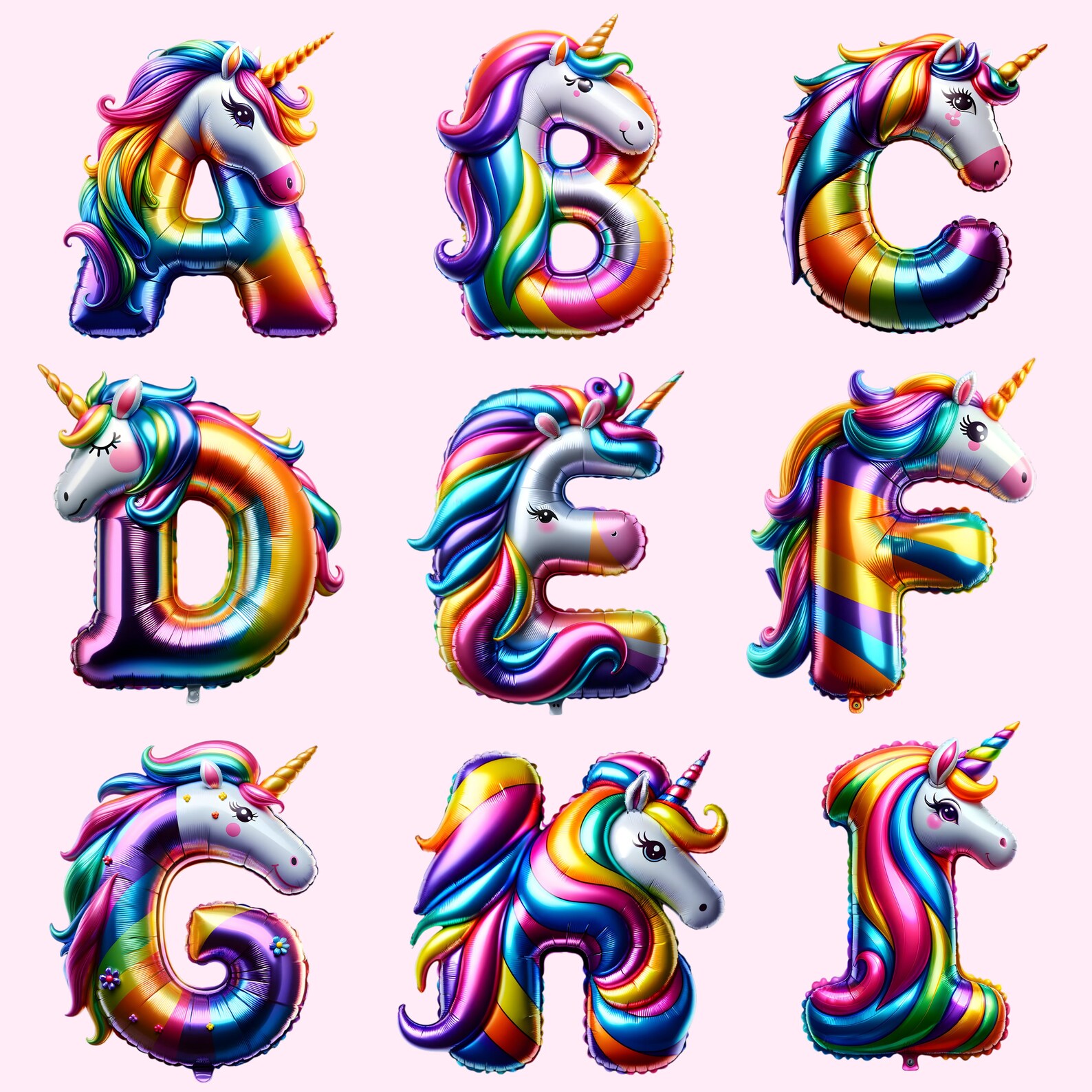 Unicorn Foil Balloon Alphabet Clip Art, Unicorn Alphabet A-Z Number 0-9 ...