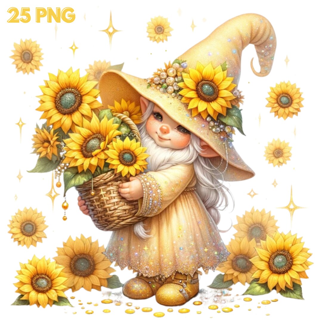 Sunflowers Gnome Clipart Bundle Png, Watercolor Summer Garden, Garden ...