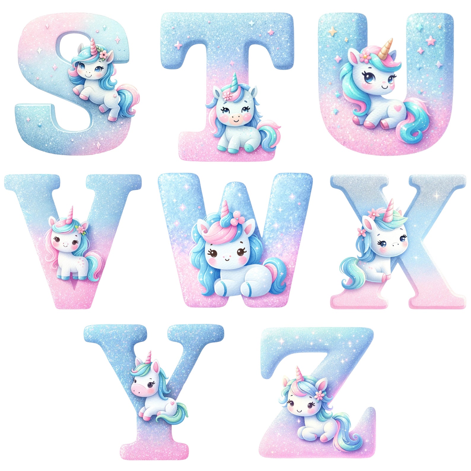 Unicorn Pastel Alphabet Clip Art, Unicorn Alphabet A-Z Number 0-9 PNG ...