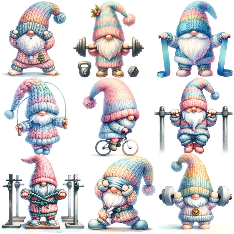Fitness Gnomes Watercolor Clipart Bundle, Exercise Gnomes Clipart ...