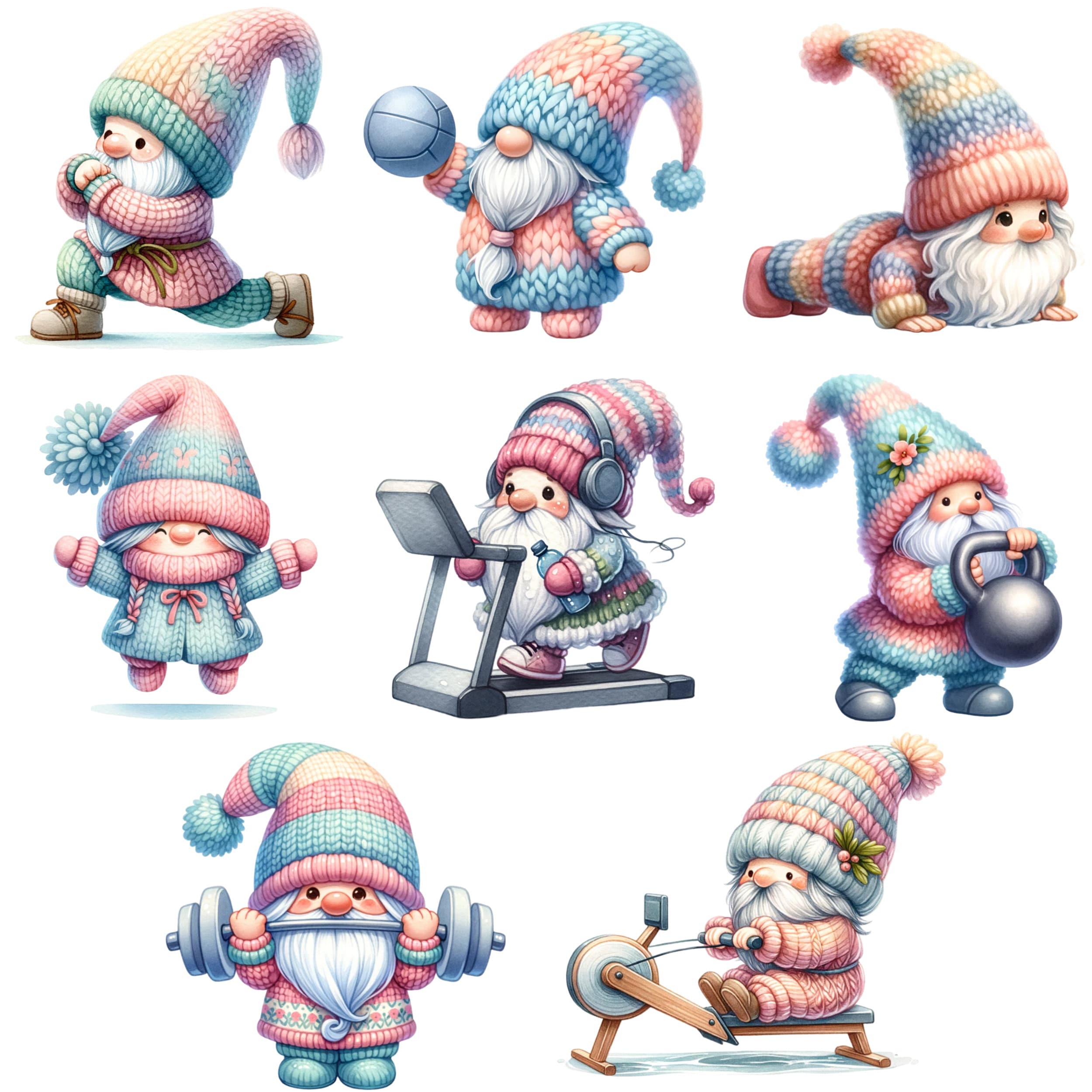 Fitness Gnomes Watercolor Clipart Bundle, Exercise Gnomes Clipart ...