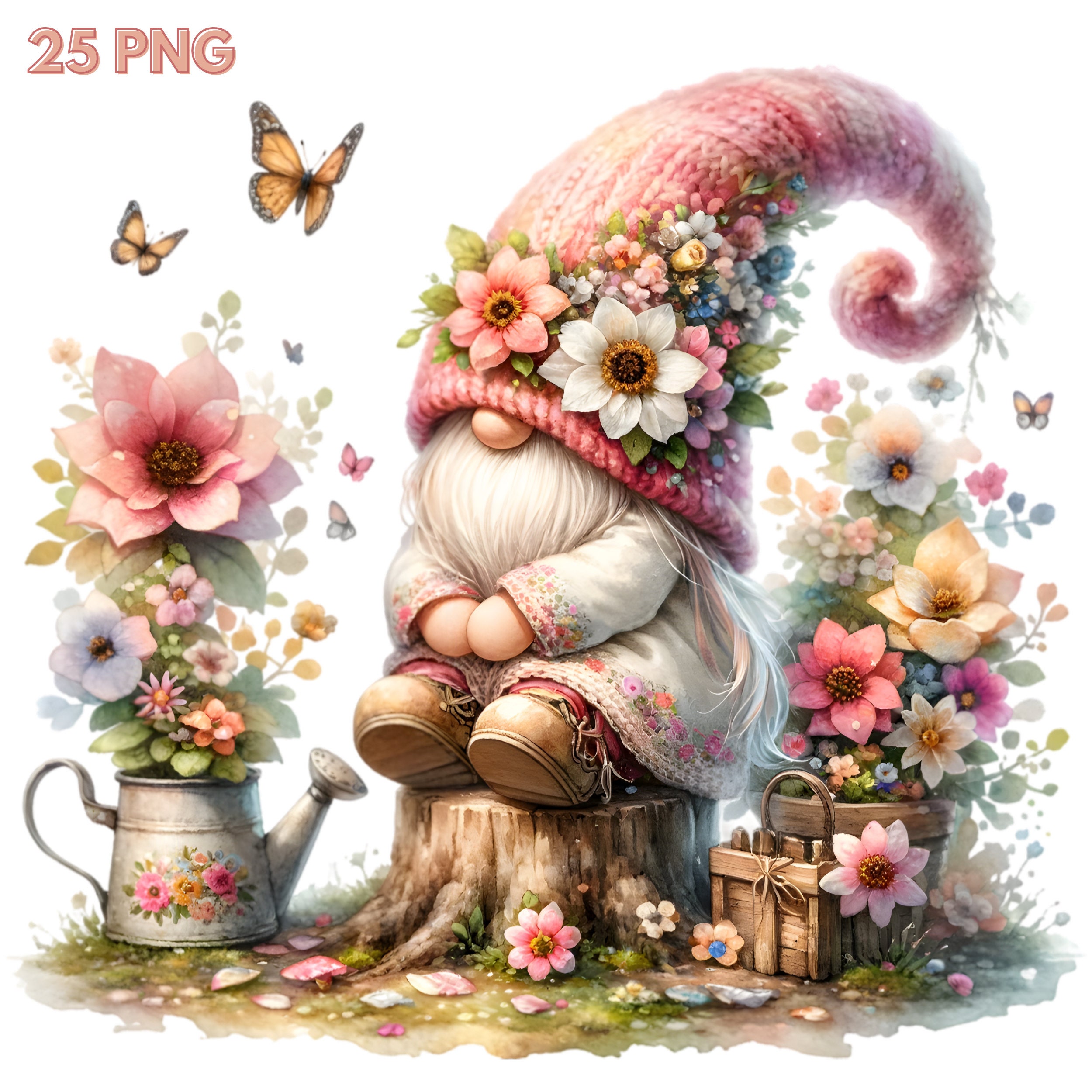 Watercolor Garden Gnome Clipart PNG Clipart Bundle, Gnome With Flower ...