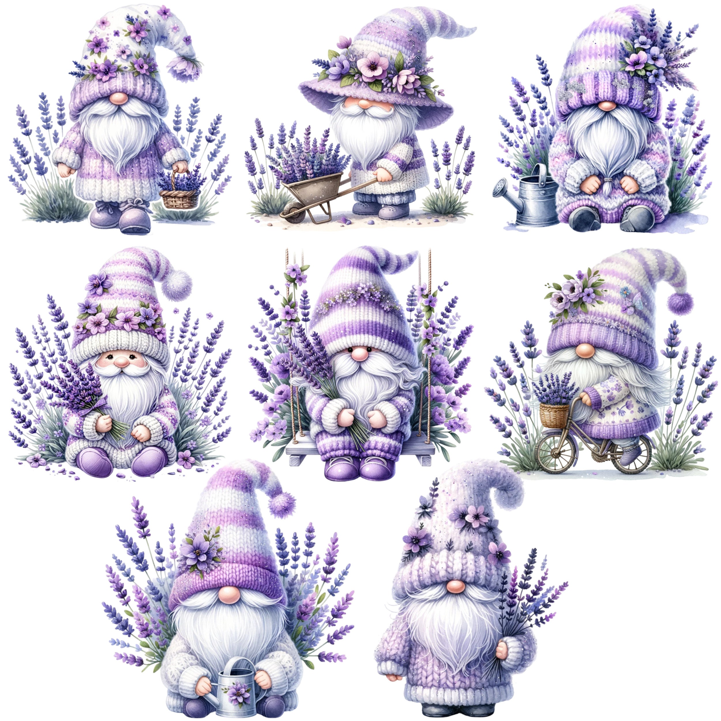 Watercolor Lavender Gnome Clipart Bundle Png, Garden Clipart, Spring ...