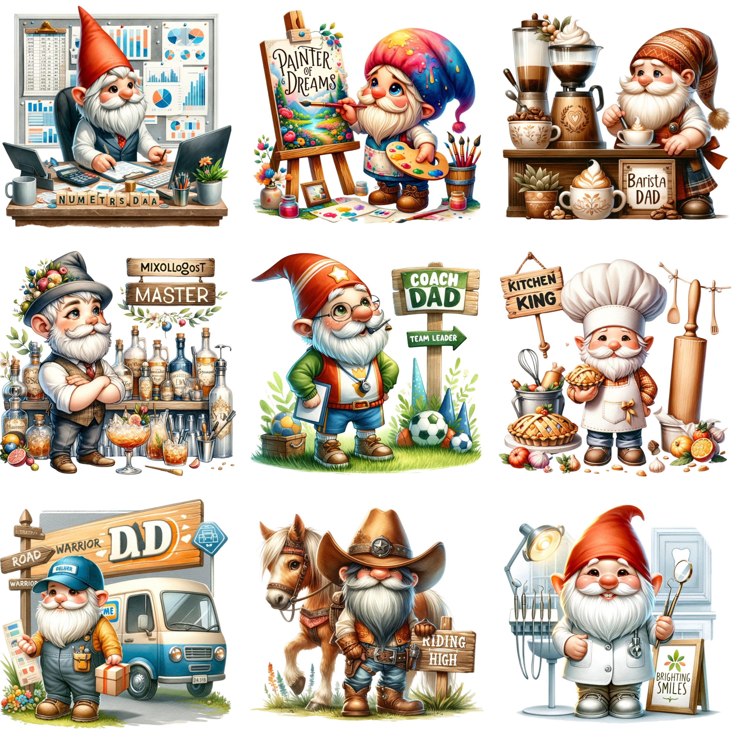 Watercolor Father's Day Gnomes PNG Clipart Bundle, Gnome Dad Son PNG ...