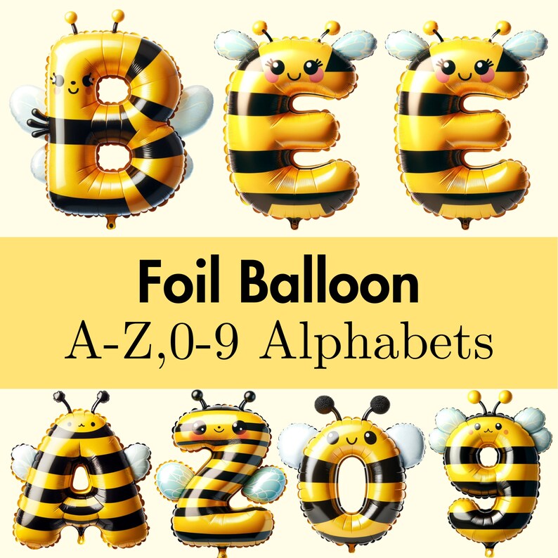 Bee Foil Balloon Alphabet Clip Art, Bee Alphabet A-Z Number 0-9 PNG ...