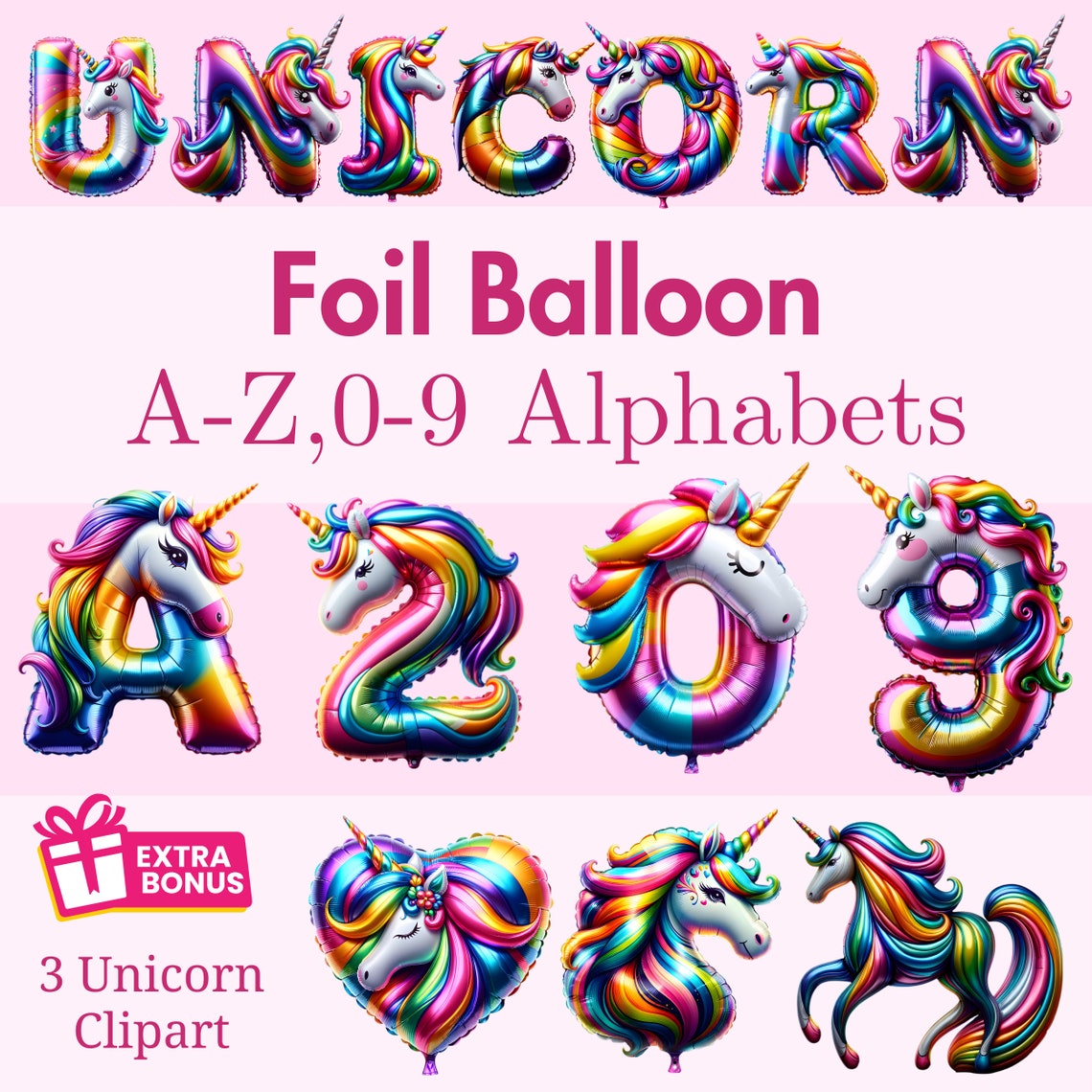 Unicorn Foil Balloon Alphabet Clip Art, Unicorn Alphabet A-Z Number 0-9 ...