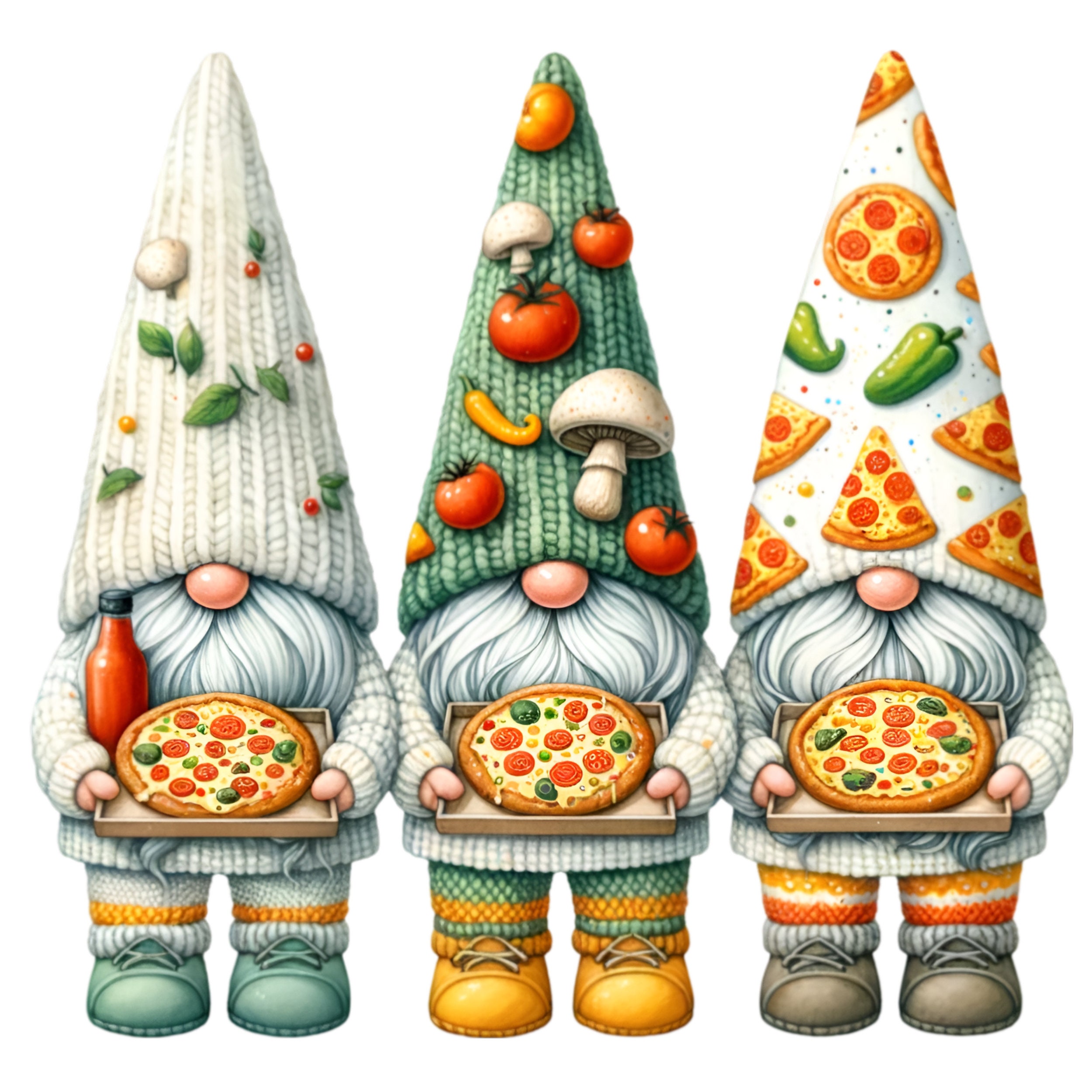 Pizza Gnomes Clipart PNG Bundle, 5 Images Gnomes With Pizza Watercolor ...
