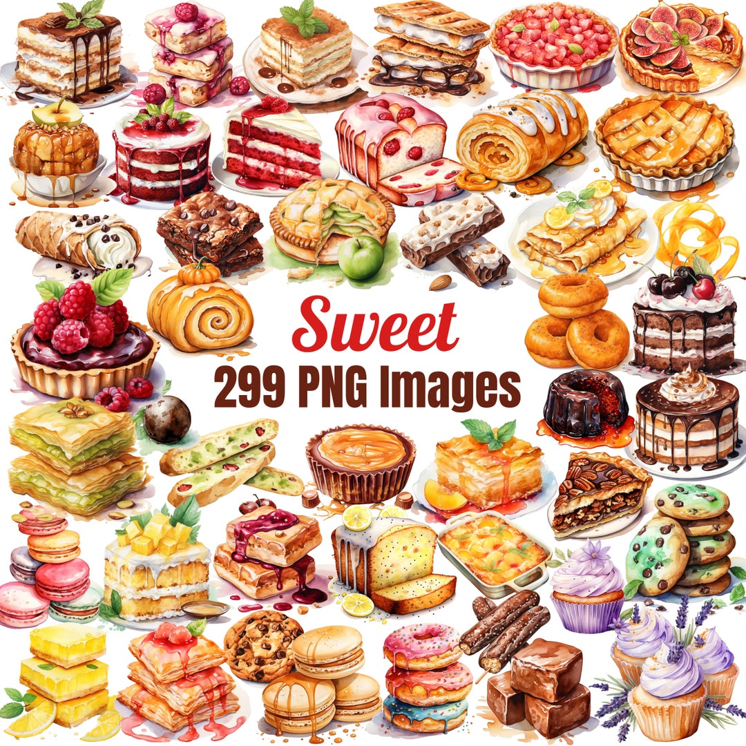 Sweet Treats Watercolor Clipart, Cake, Desserts, Donuts, Cookies ...