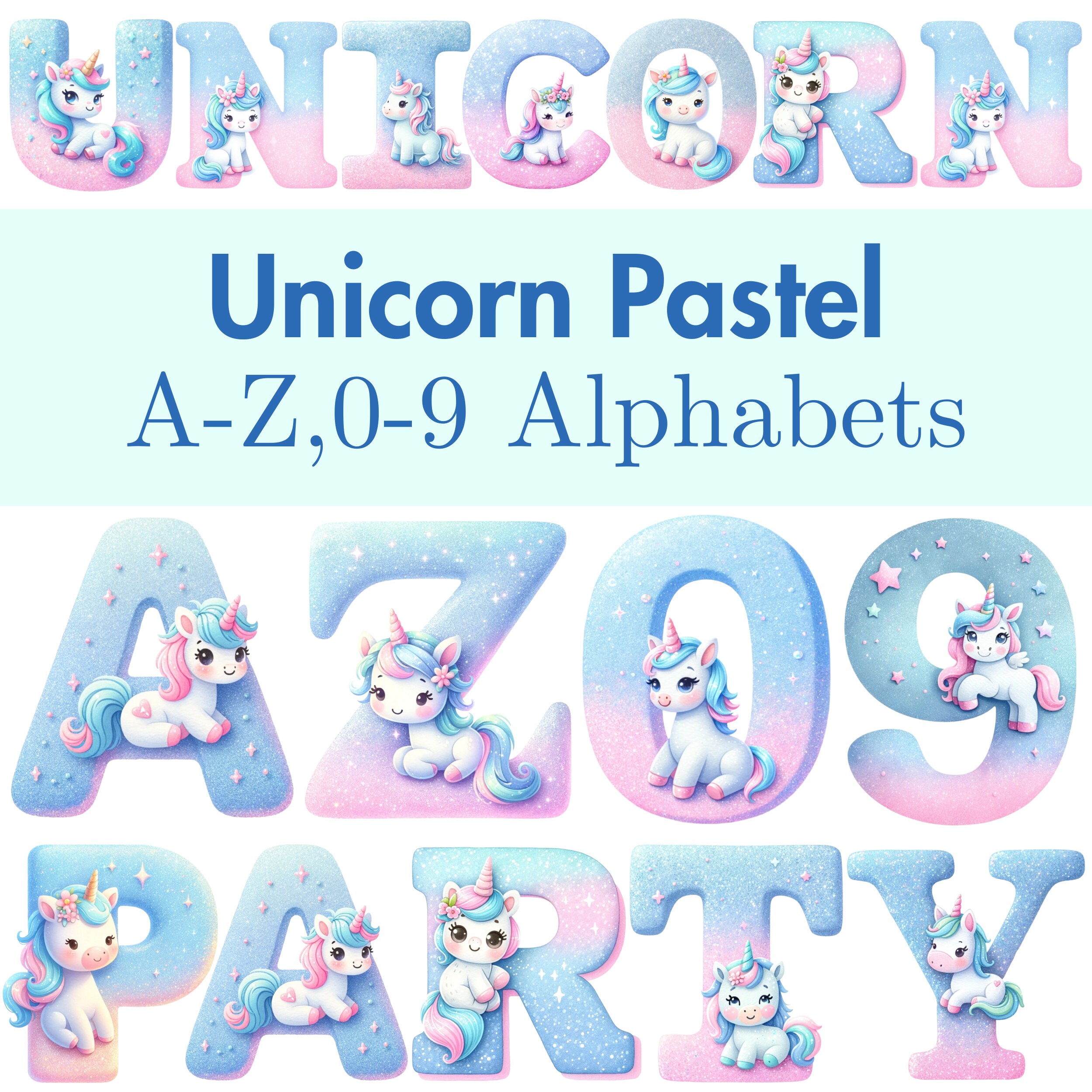 Unicorn Pastel Alphabet Clip Art, Unicorn Alphabet A-Z Number 0-9 PNG ...