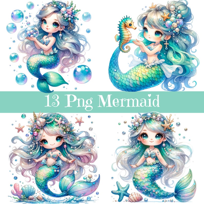 Blue Mermaid Clipart, Whimsical Little Mermaid Clipart, Gnomes Mermaid ...