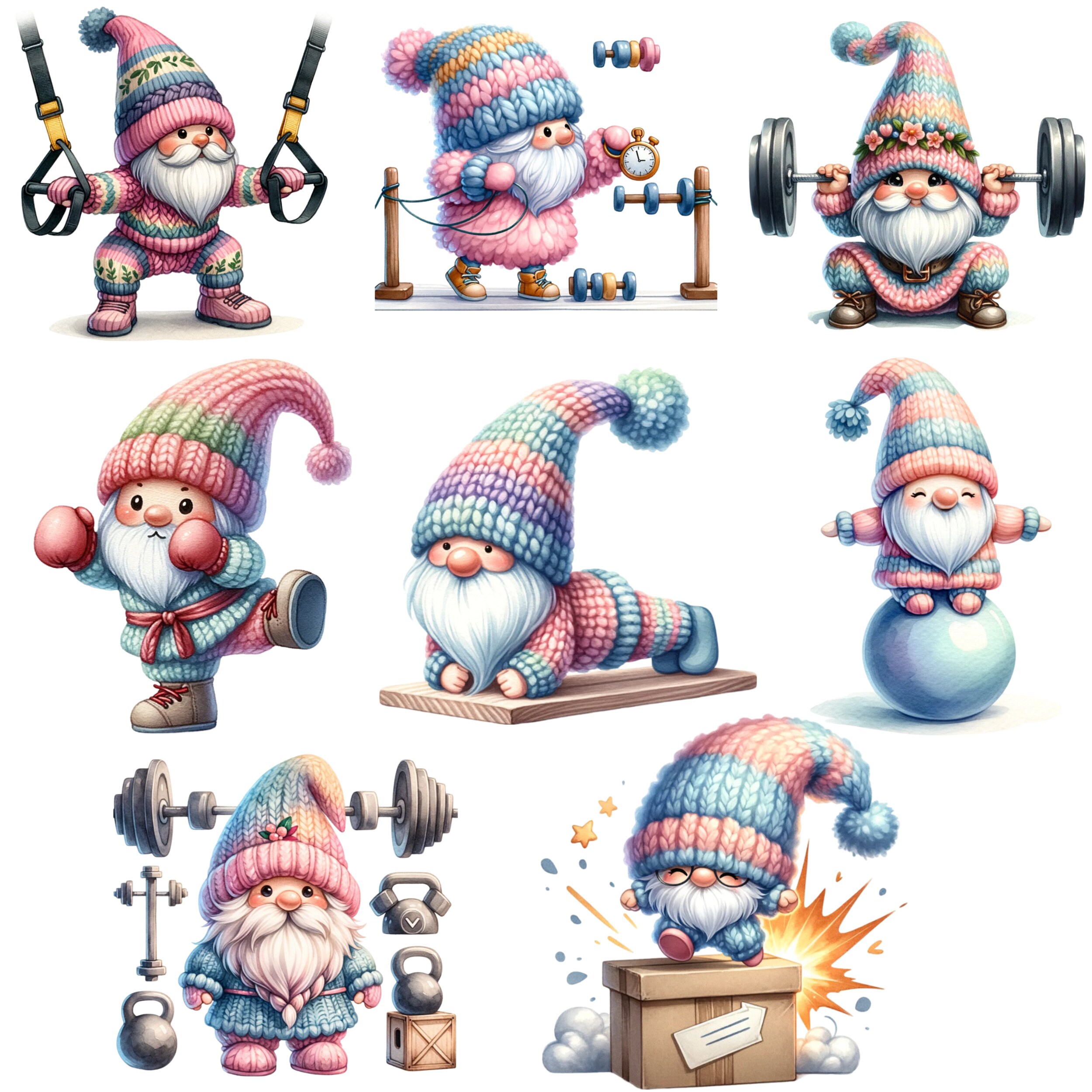 Fitness Gnomes Watercolor Clipart Bundle, Exercise Gnomes Clipart ...