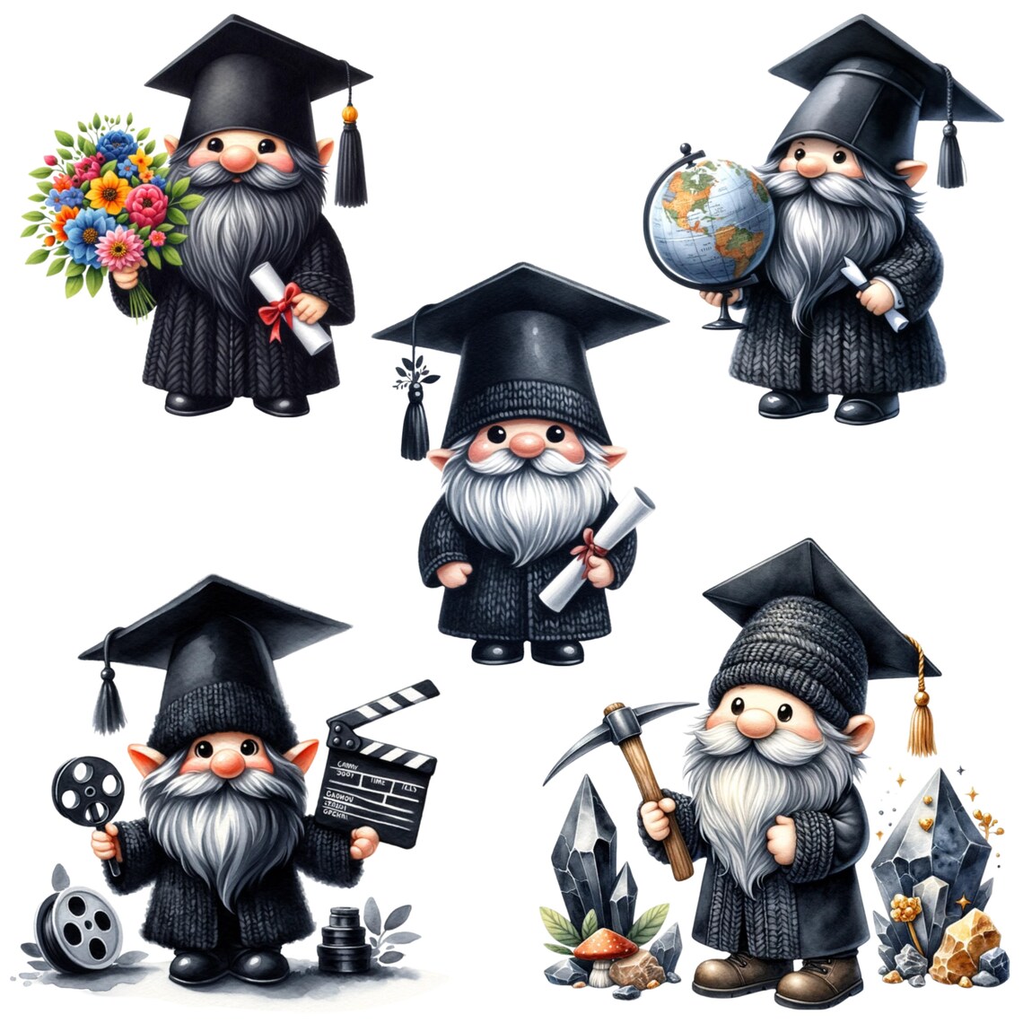 Watercolor Graduation Gnome Clipart, Gnomes Graduate PNG, Gnomes ...