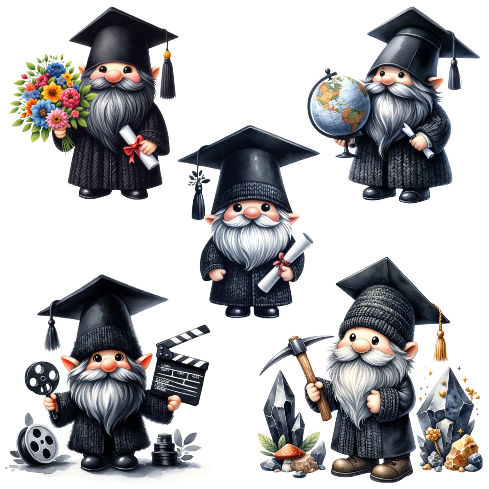 Watercolor Graduation Gnome Clipart, Gnomes Graduate PNG, Gnomes ...