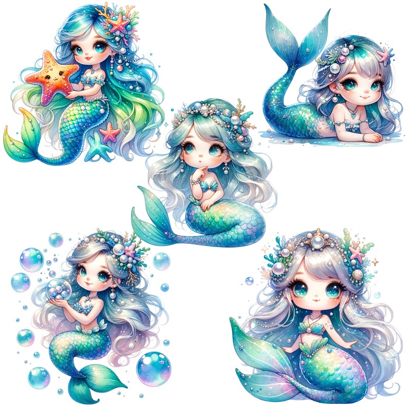 Blue Mermaid Clipart, Whimsical Little Mermaid Clipart, Gnomes Mermaid ...