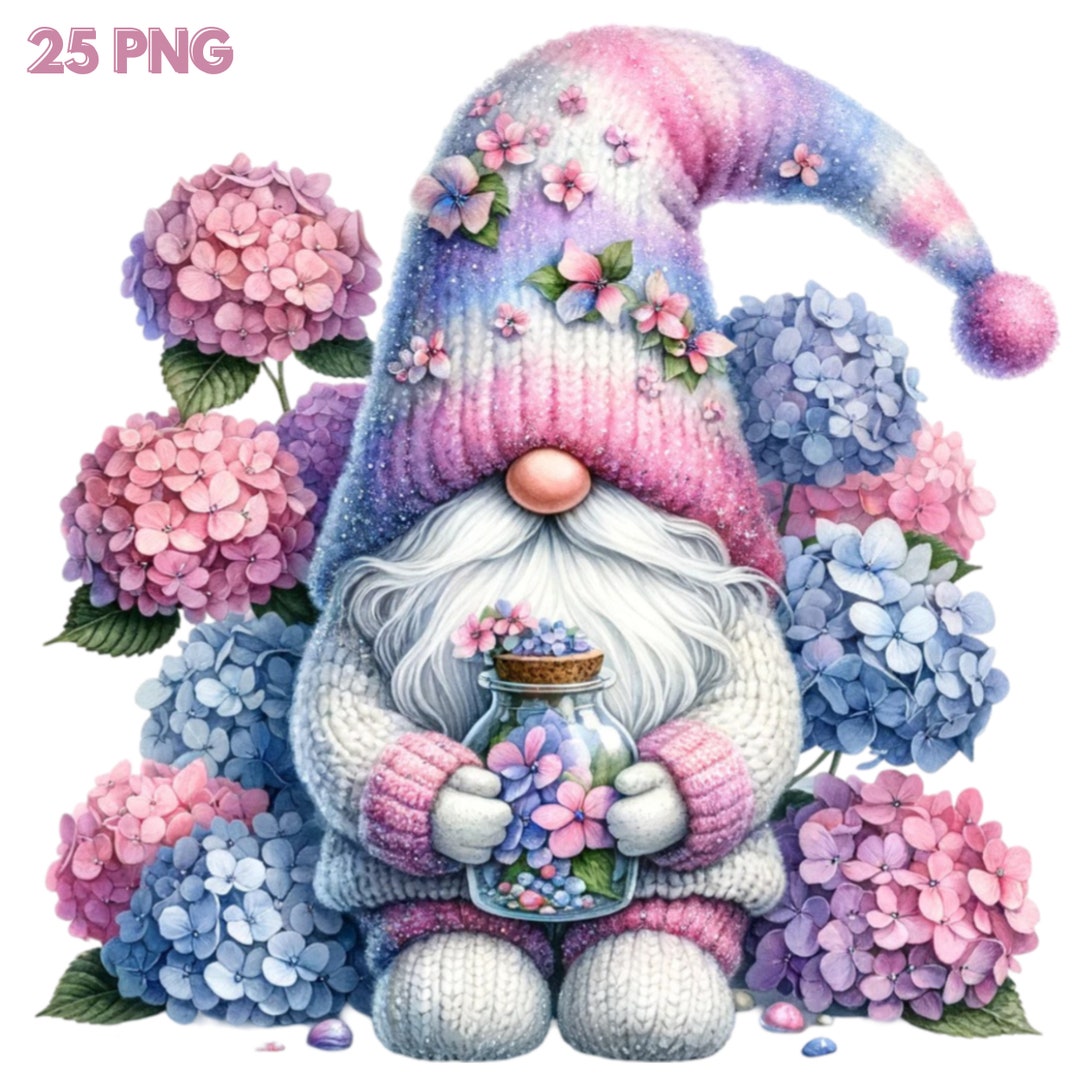 Watercolor Hydrangea Gnome Clipart Bundle Png, Garden Clipart, Spring ...