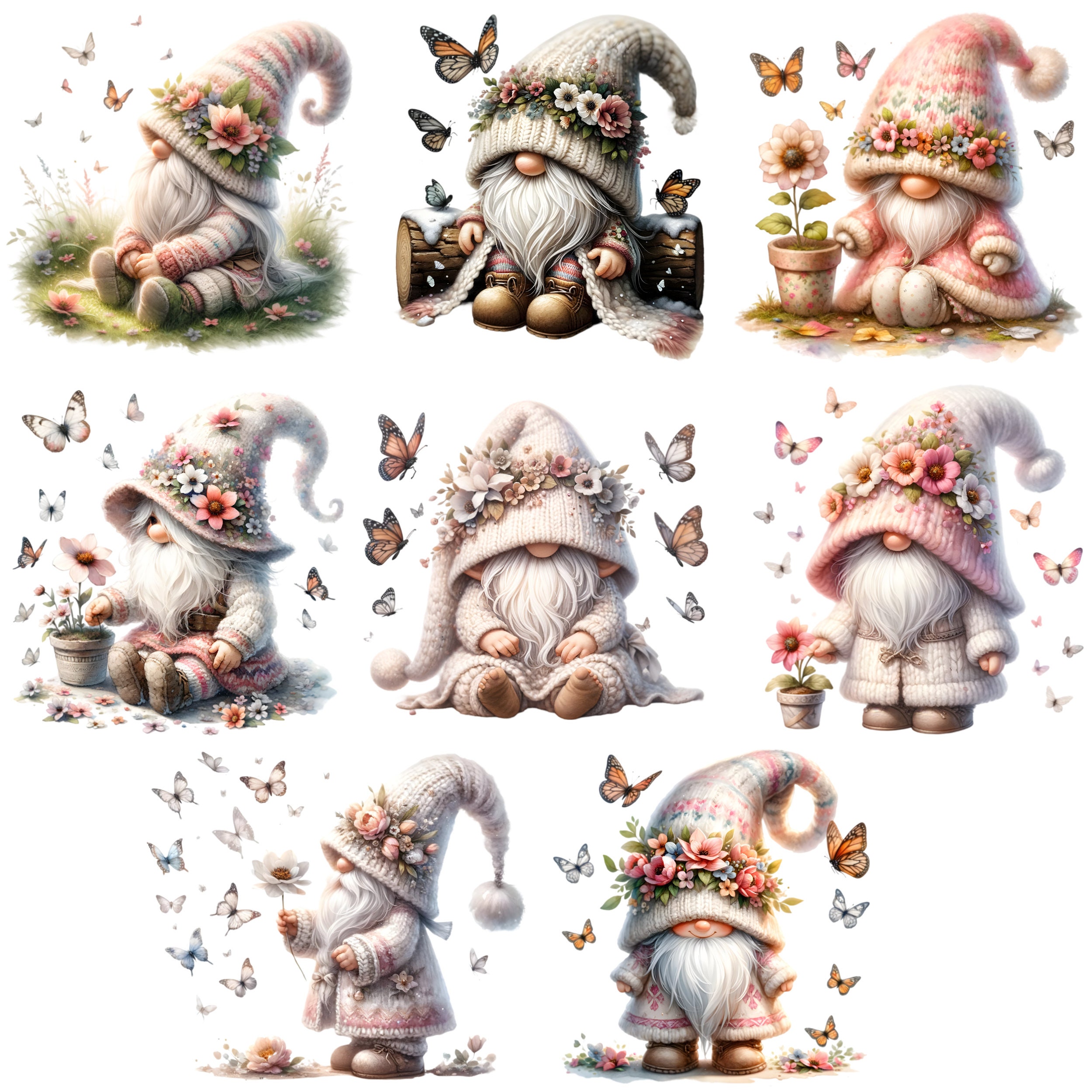 Watercolor Garden Gnome Clipart PNG Clipart Bundle, Gnome With Flower ...