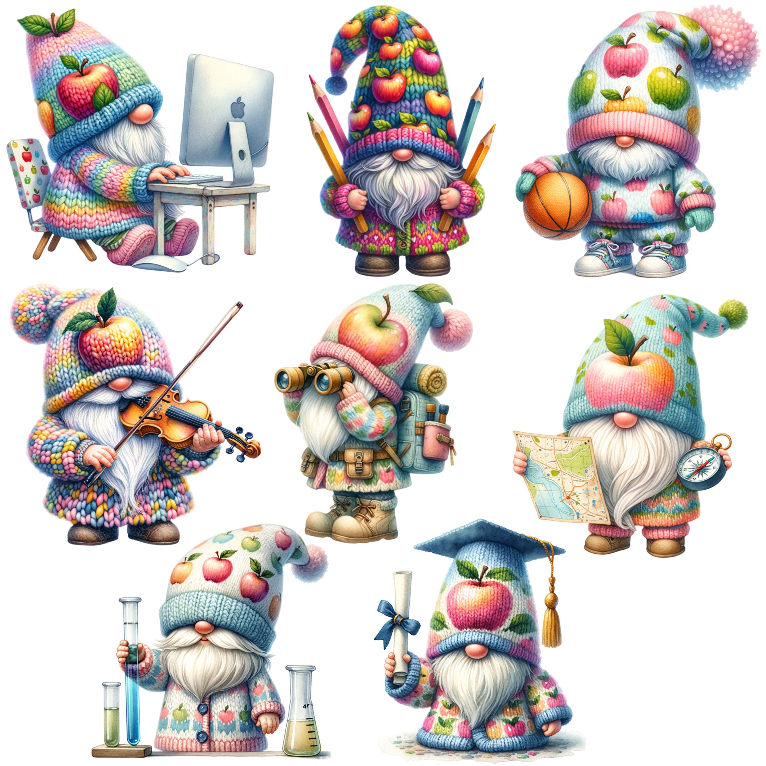 Back to School Gnome Clipart Bundle, Watercolor Gnomes PNG, Graduation ...