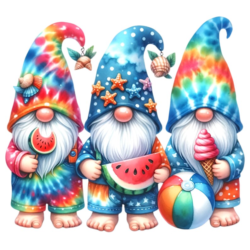 Summer Beach 3 Gnome Watercolor Clipart Png, Sea Summer Tie Dye Gnome ...