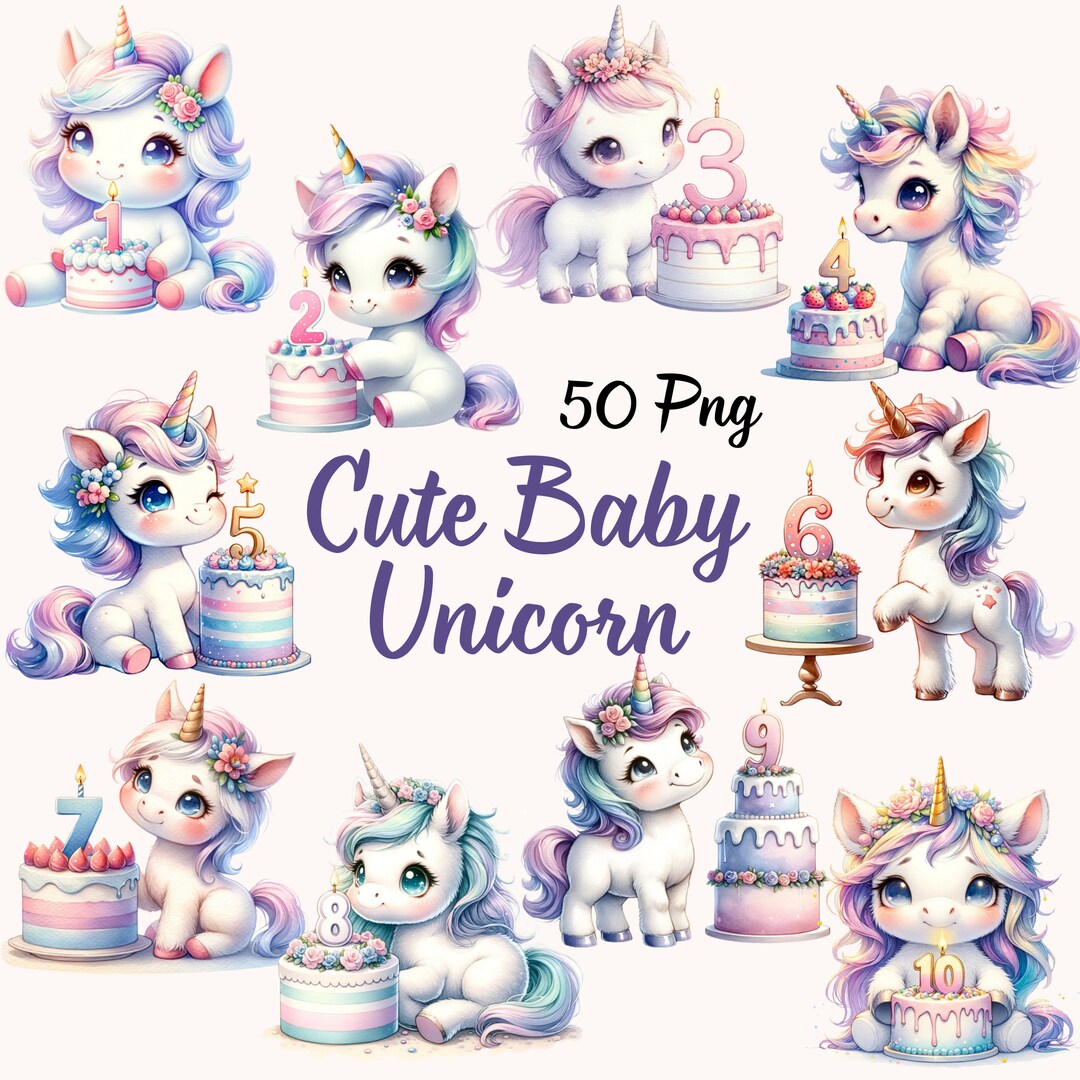 Unicorn Birthday Watercolor Clipart, Birthday Cake 1-10 Year Olds, for ...