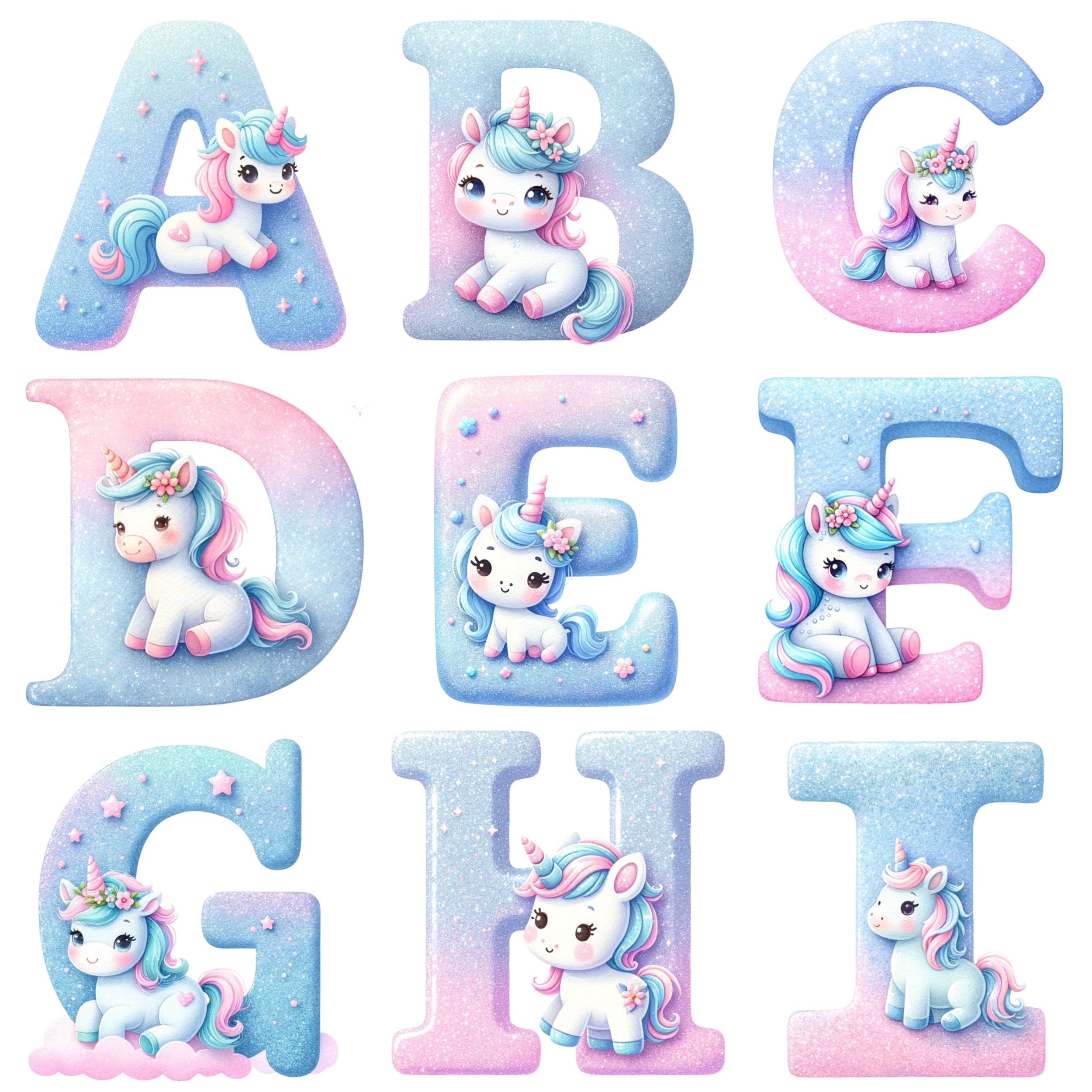 Unicorn Pastel Alphabet Clip Art, Unicorn Alphabet A-Z Number 0-9 PNG ...