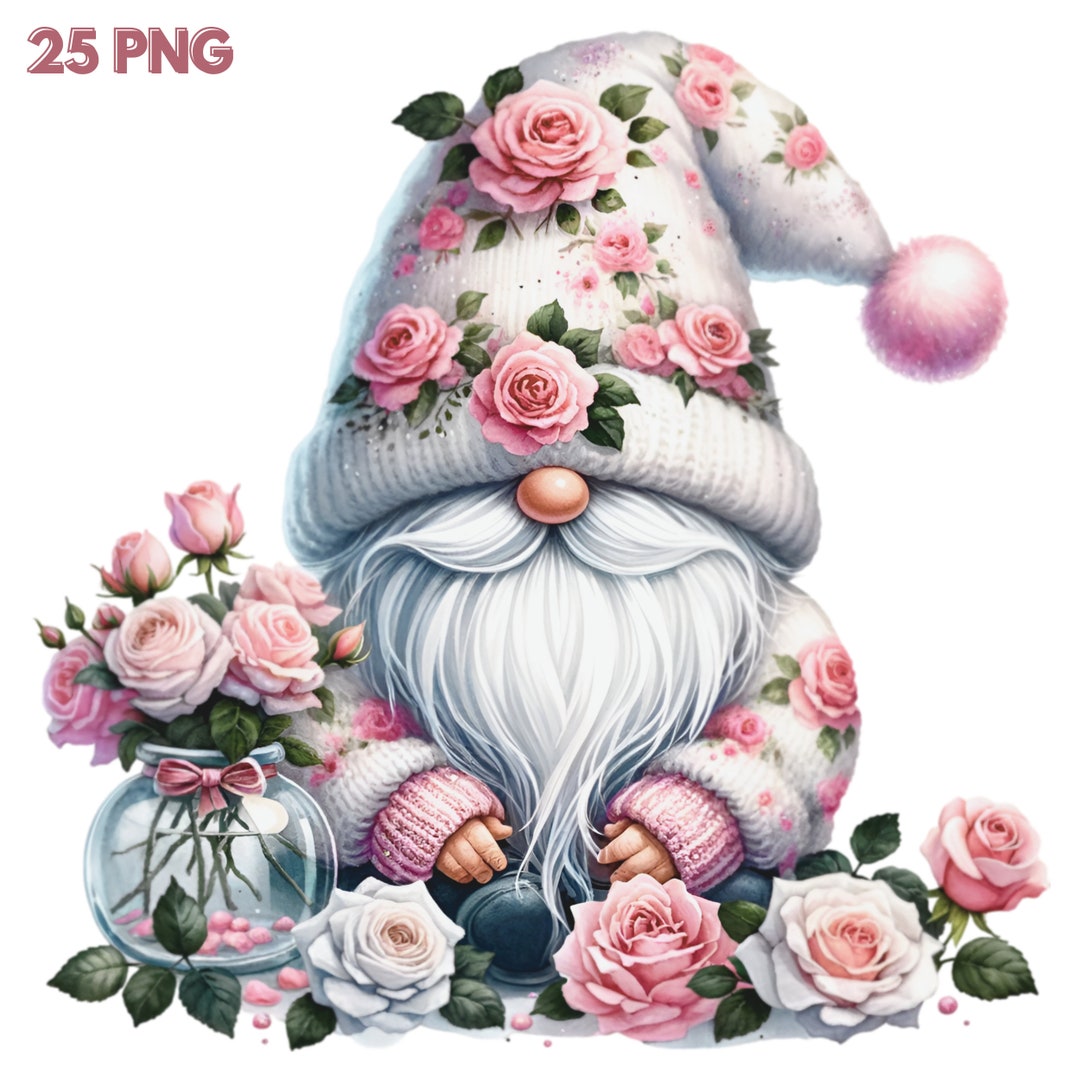 Watercolor Pink Rose Gnome Clipart Bundle Png, Garden Clipart, Spring ...