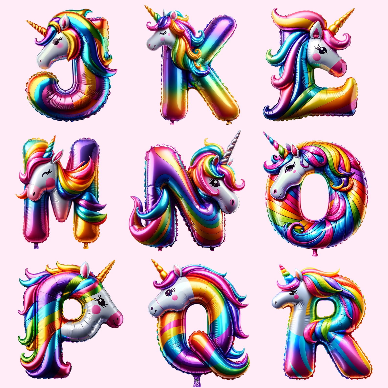 Unicorn Foil Balloon Alphabet Clip Art, Unicorn Alphabet A-Z Number 0-9 ...