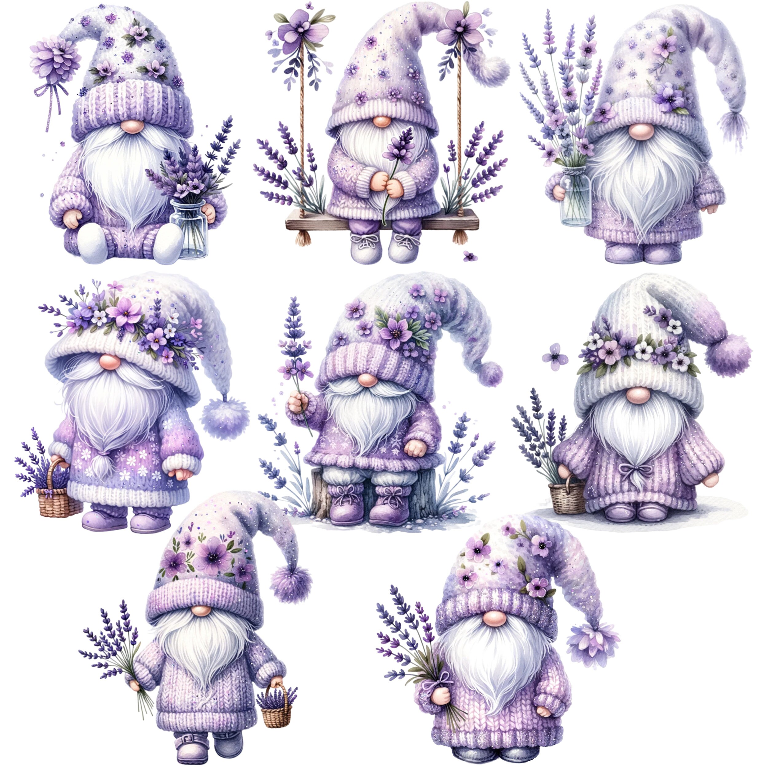 Watercolor Lavender Gnome Clipart Bundle Png, Garden Clipart, Spring ...