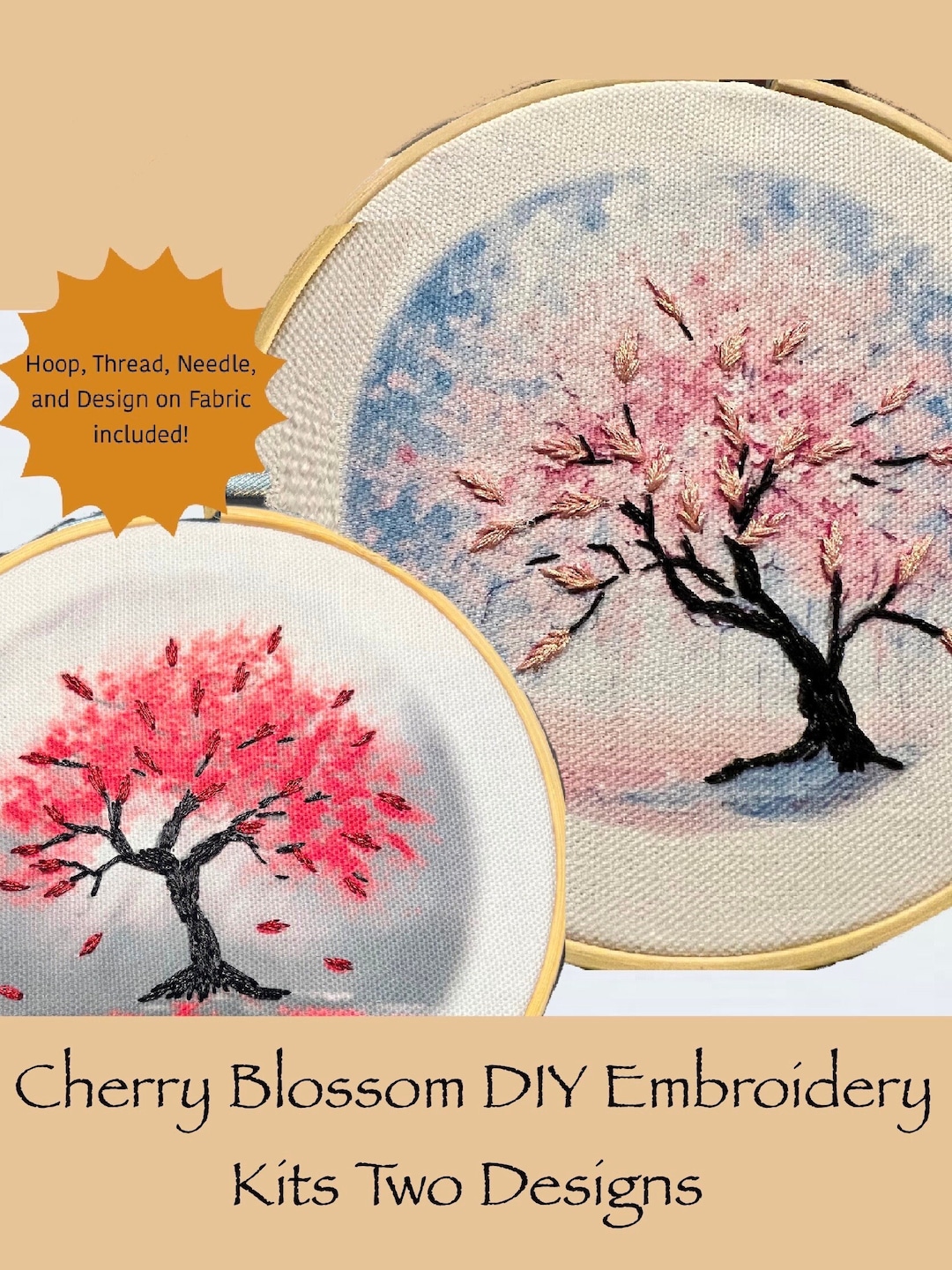 Two Cherry Blossoms Embroidery DIY Kit 2 Deeign Prints 1 Hoop, Threads ...