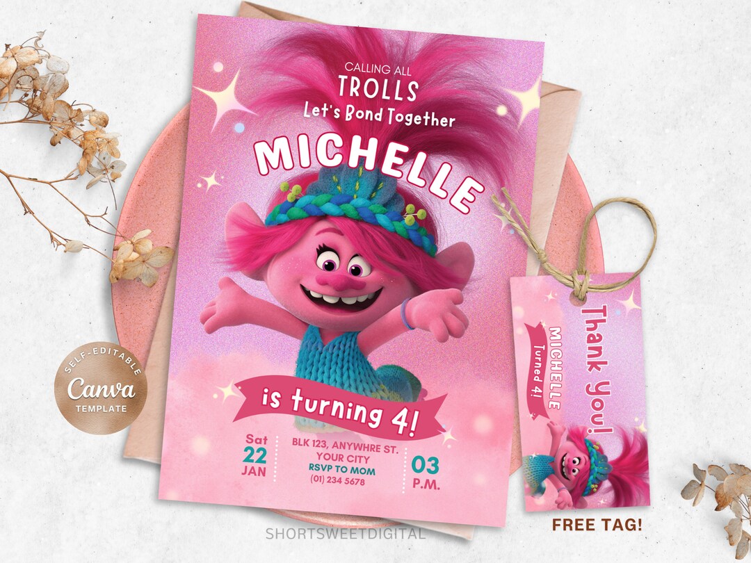 Poppy Pink Invitation Template, Editable Trolls Invite, Digital ...
