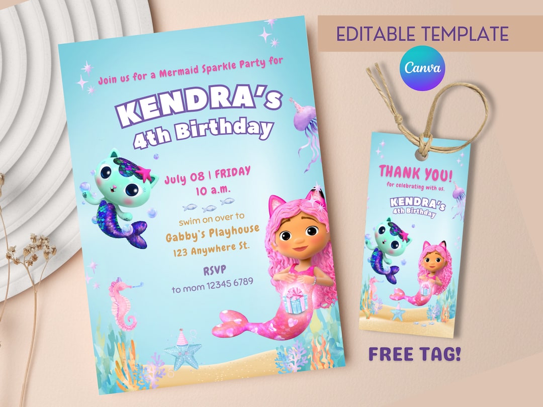Gabby Dollhouse Editable Invitation, Mercat Gabby Birthday Invitation ...
