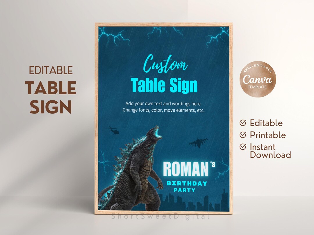 Godzilla Birthday Table Sign Template, Editable Godzilla Sign, Godzilla ...