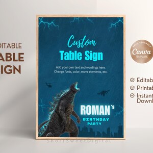 Godzilla Birthday Table Sign Template, Editable Godzilla Sign, Godzilla ...