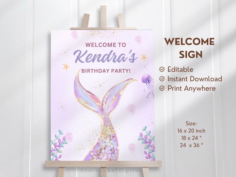 Editable Mermaid Tail Birthday Sign Banner, Printable Mermaid Welcome ...
