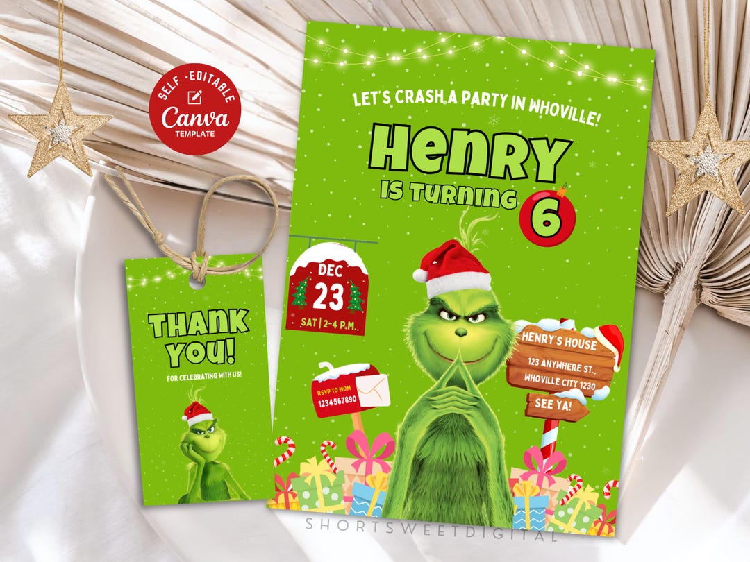 Grinch Editable Birthday Invitation, Christmas Birthday Invitation ...