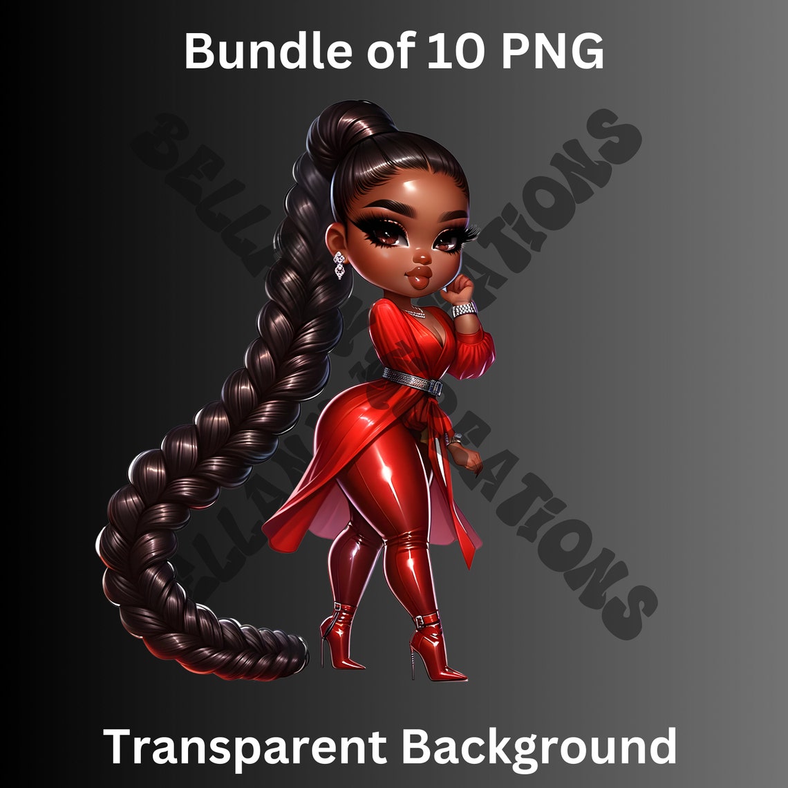 10 PNG Bundle African American Chibi Style Women in Red Digital Artwork ...