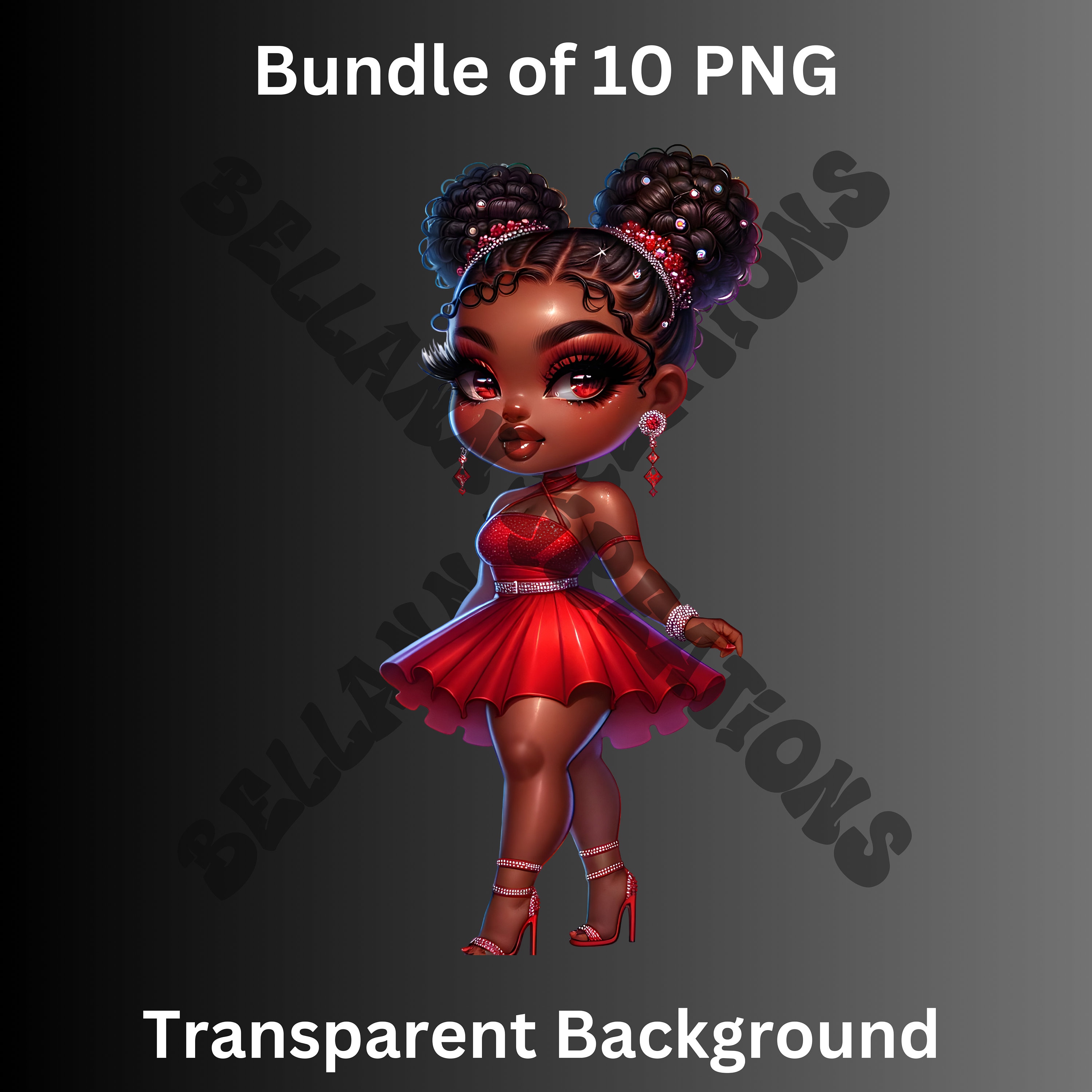 10 PNG Bundle | African American Chibi Style Women in Red | Digital ...