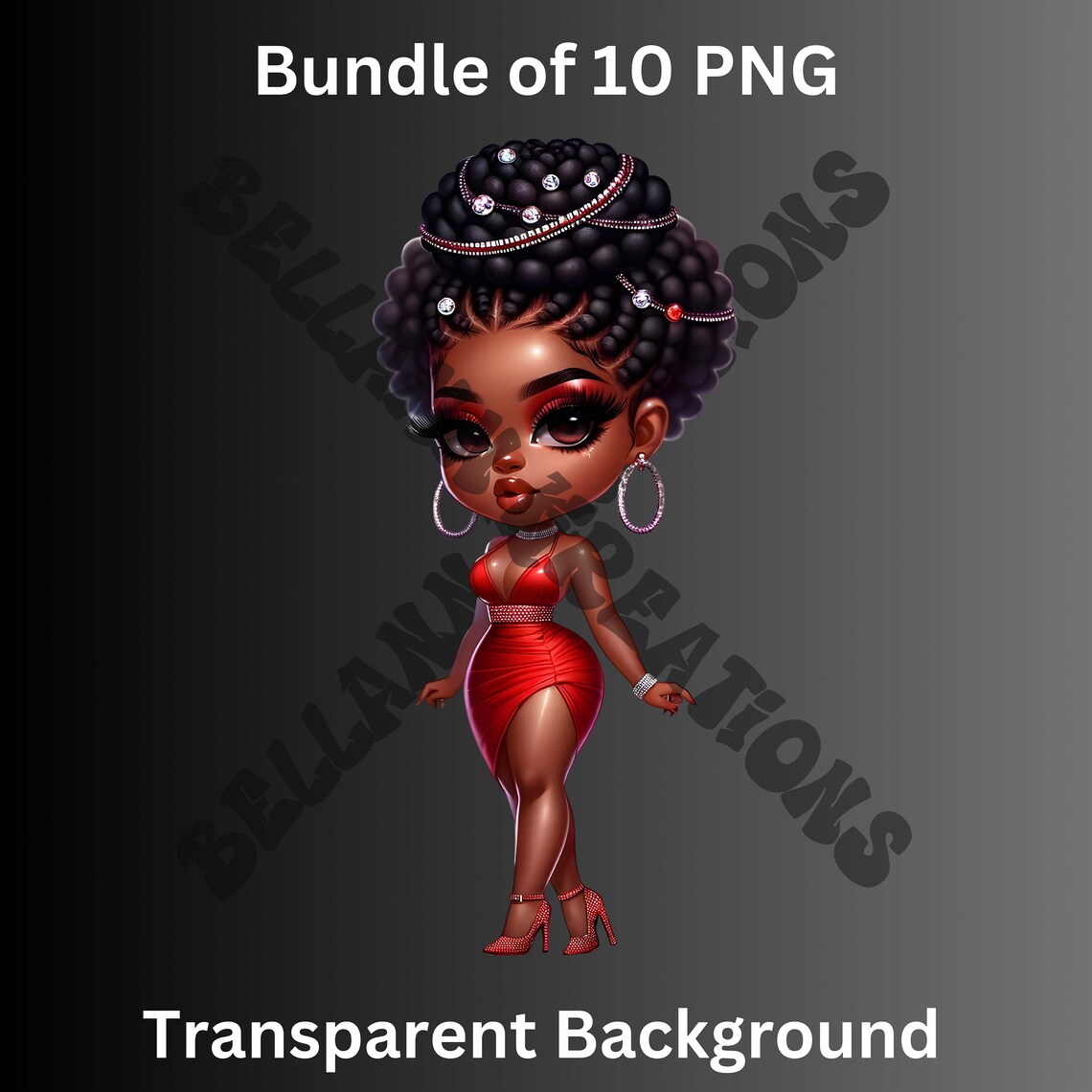 10 PNG Bundle African American Chibi Style Women in Red Digital Artwork ...
