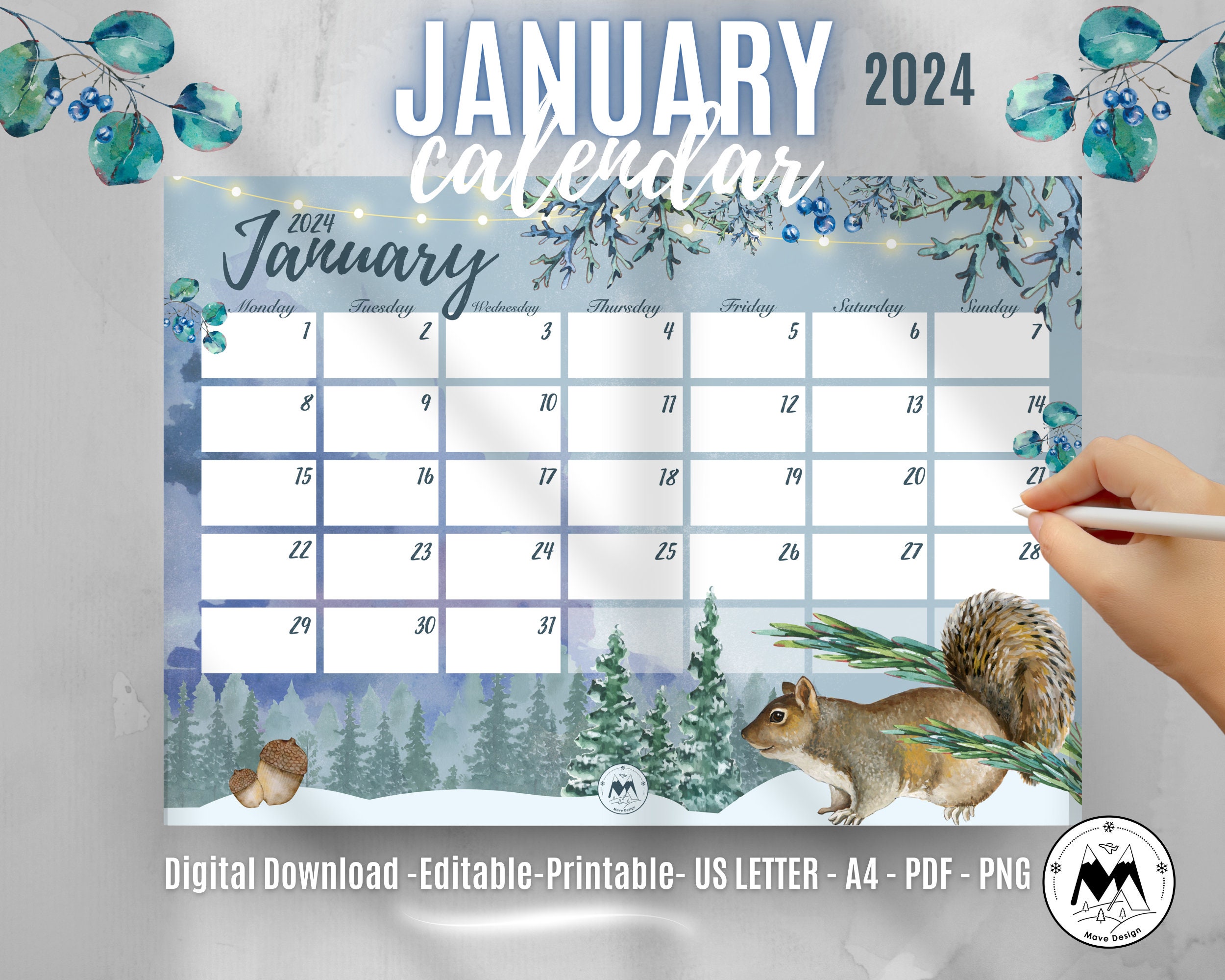 EDITABLE January 2024 Calendar, PRINTABLE January Calendar, New Year ...