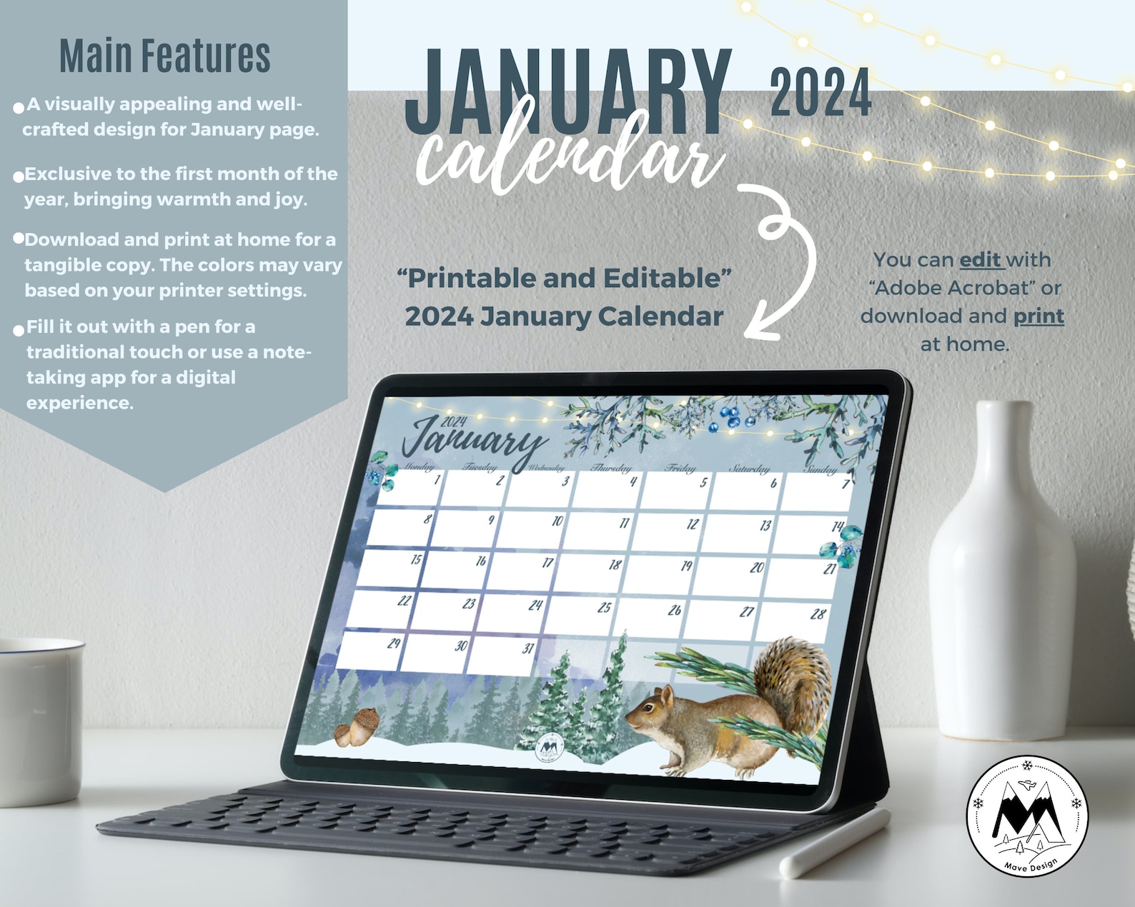 EDITABLE January 2024 Calendar, PRINTABLE January Calendar, New Year ...