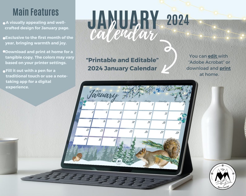 EDITABLE January 2024 Calendar, PRINTABLE January Calendar, New Year ...