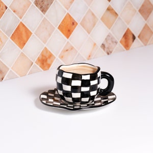 Checkerboard Cup and Saucer Black & White Chequered Tea - Etsy