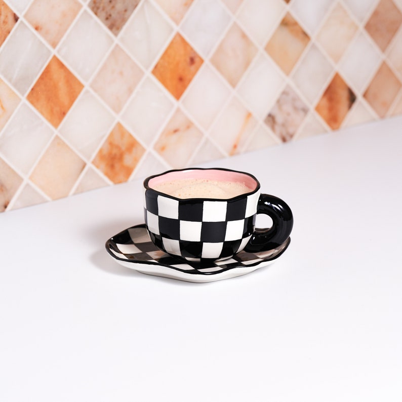 Checkerboard Cup and Saucer Black & White Chequered Tea - Etsy