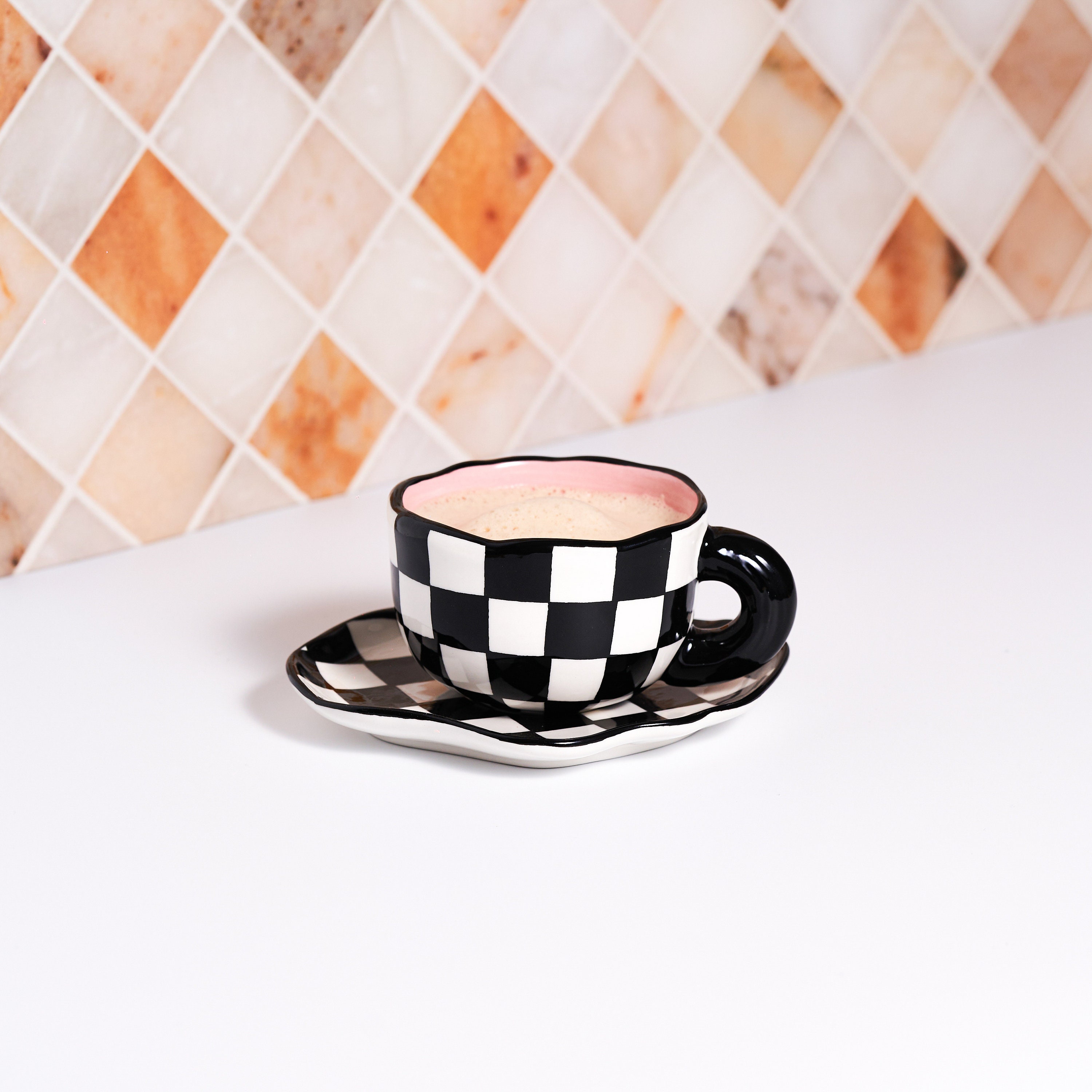Checkerboard Cup and Saucer Black & White Chequered Tea - Etsy