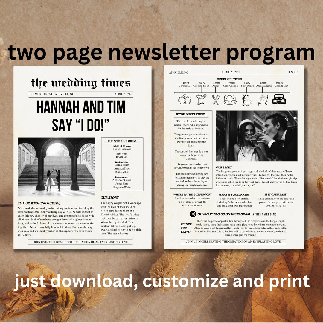 Vintage Wedding Program Newsletter Template Download - Etsy